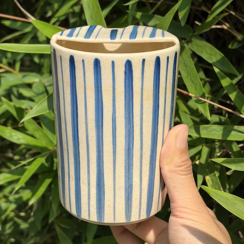 Blue Striped Ceramic Travel Mug With Lid, Handmade Ceramic Mug, Ceramic ...
