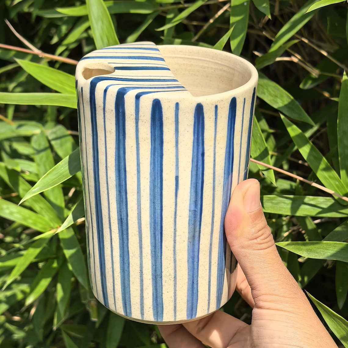 Blue Striped Ceramic Travel Mug With Lid, Handmade Ceramic Mug, Ceramic ...