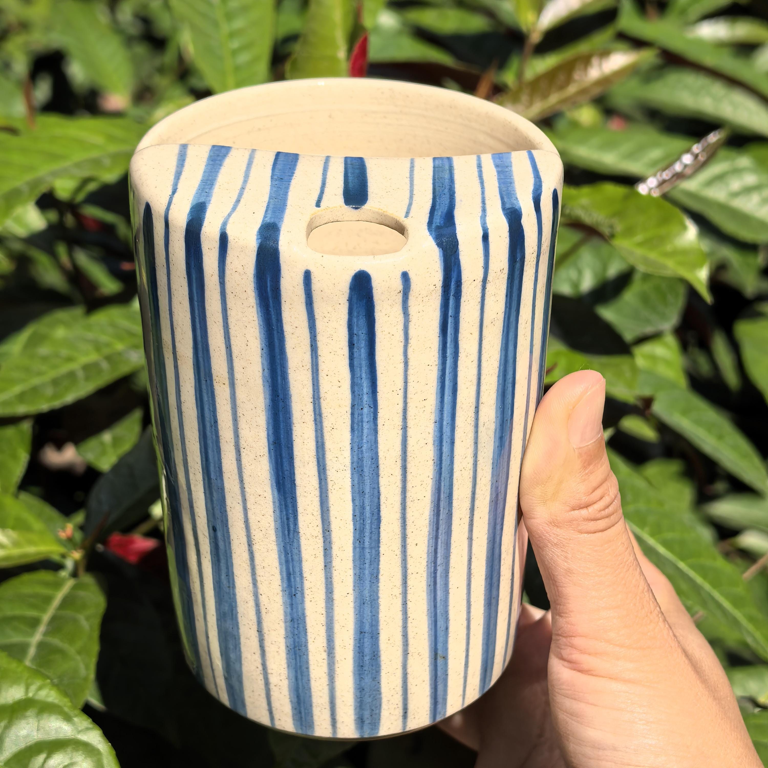 Blue Striped Ceramic Travel Mug With Lid, Handmade Ceramic Mug, Ceramic ...