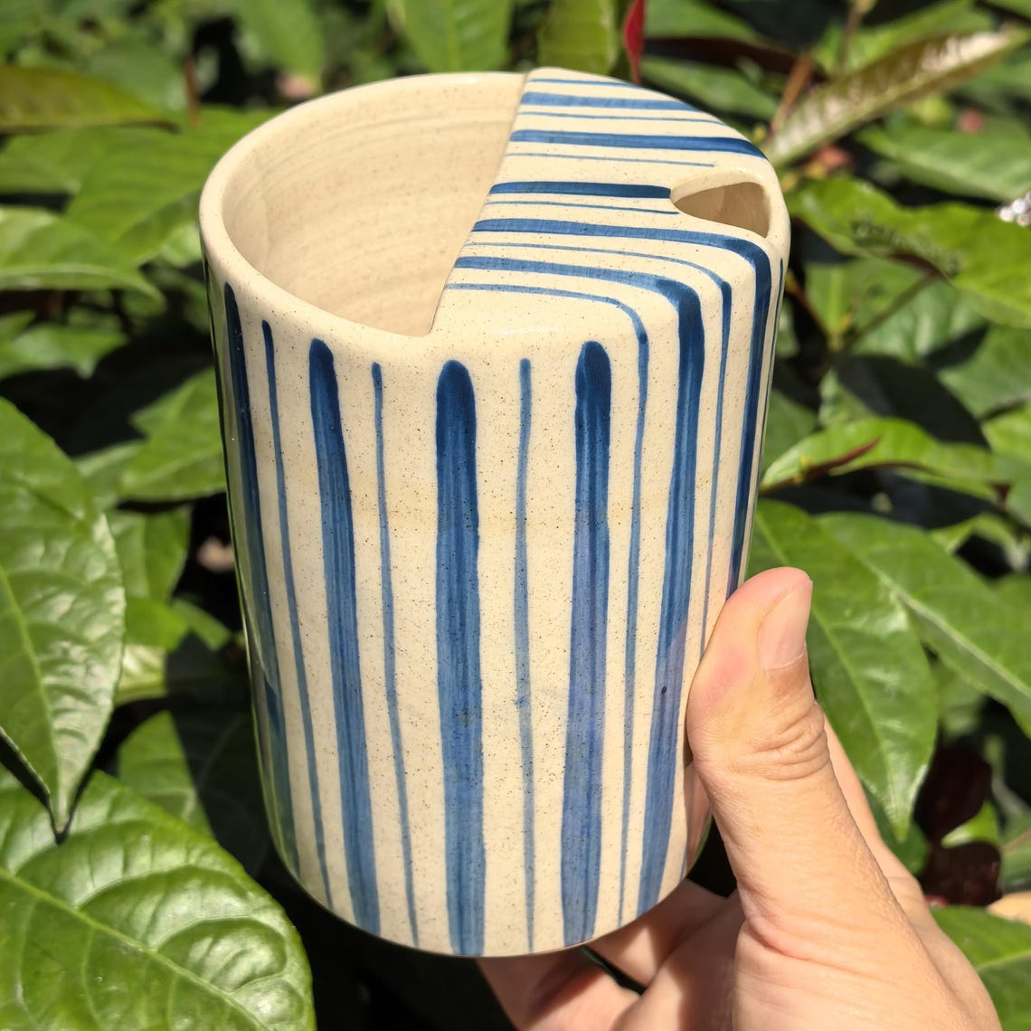 Blue Striped Ceramic Travel Mug With Lid, Handmade Ceramic Mug, Ceramic ...