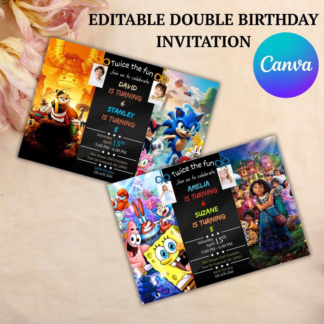 Editable Sibling Birthday Invitation, Double Birthday Invite, Dual ...