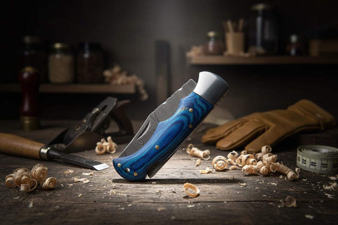 Handcrafted Blue Wood Handle Folding Pocket Knife With Artisan Damascus ...