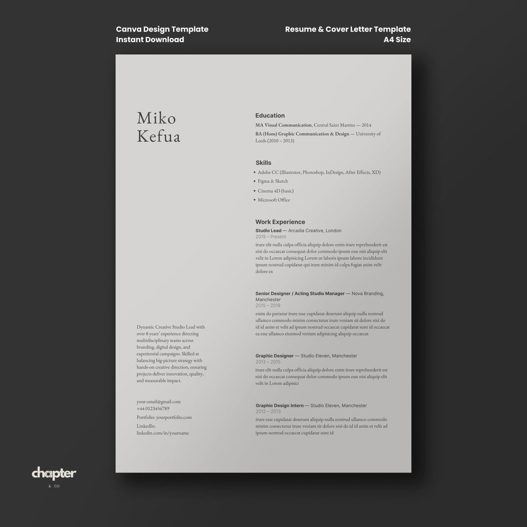 Creative Resume Template Canva: Modern Minimal CV + Cover Letter (A4 ...
