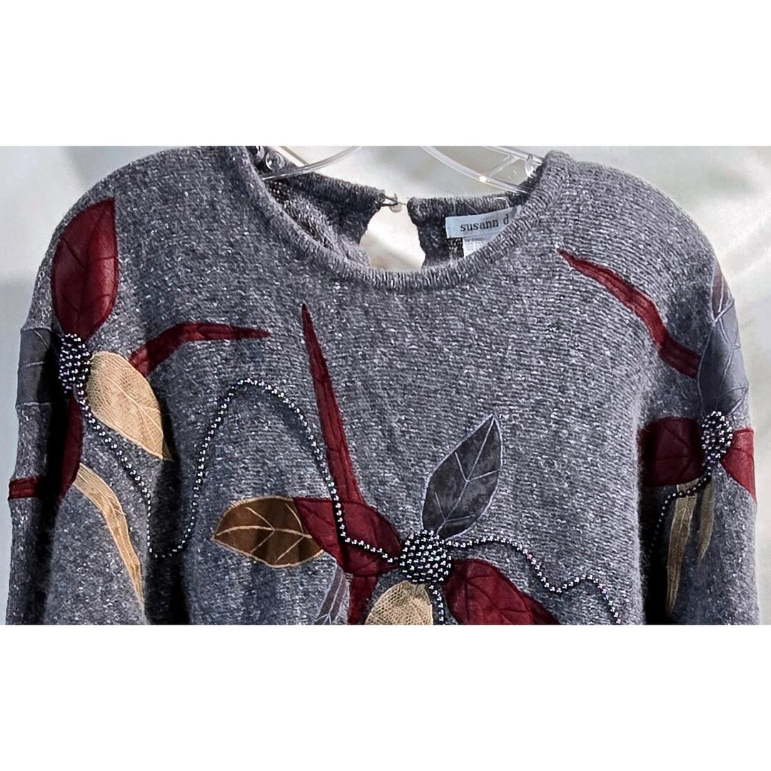 Angora Blend Women Gray Embellished Leaf Floral Sweater Pullover ...