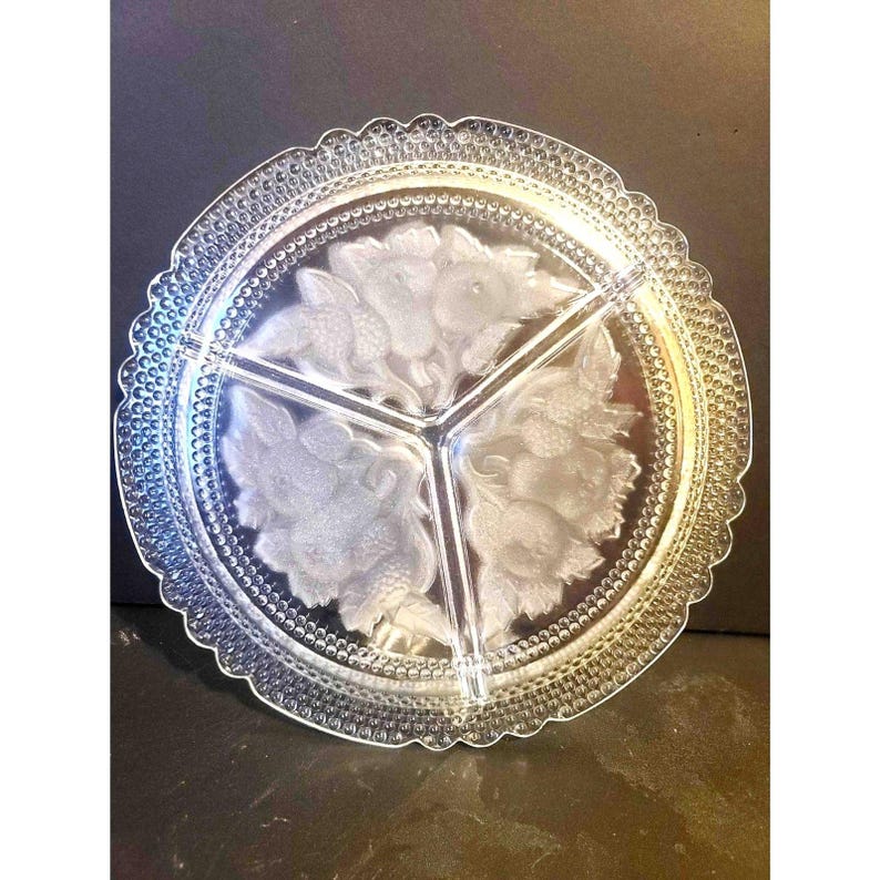 Vintage Imperial Glass Intaglio Fruit 3 Sections Frosted Dish Hobnail ...