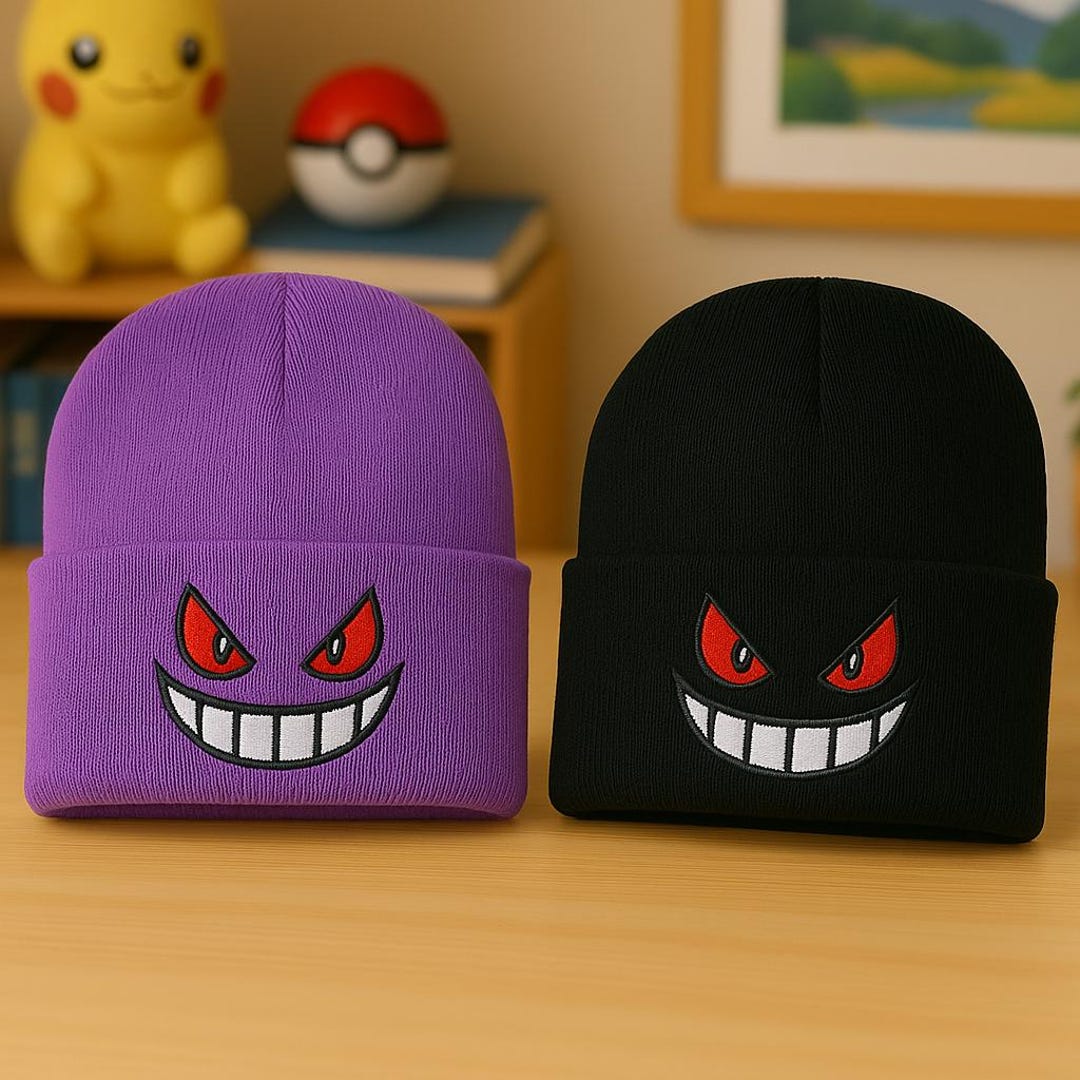 Gengar Inspired Beanie | Anime Streetwear Hat | Purple & Black Knit Cap ...
