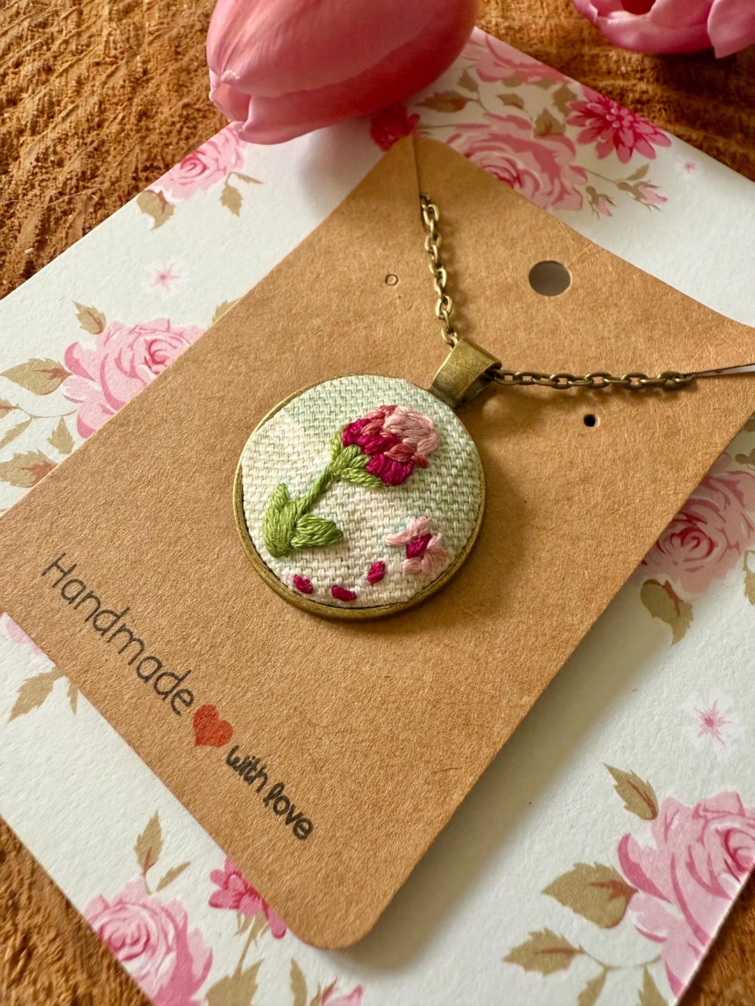 Handmade Rose Embroidery Necklace, Vintage Fabric Pendant, Antique ...