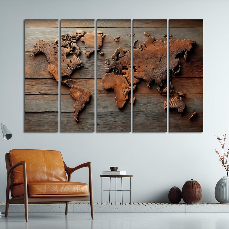 Wooden World Map Canvas Print, Rustic Map Wall Art, Earth Tones Home ...