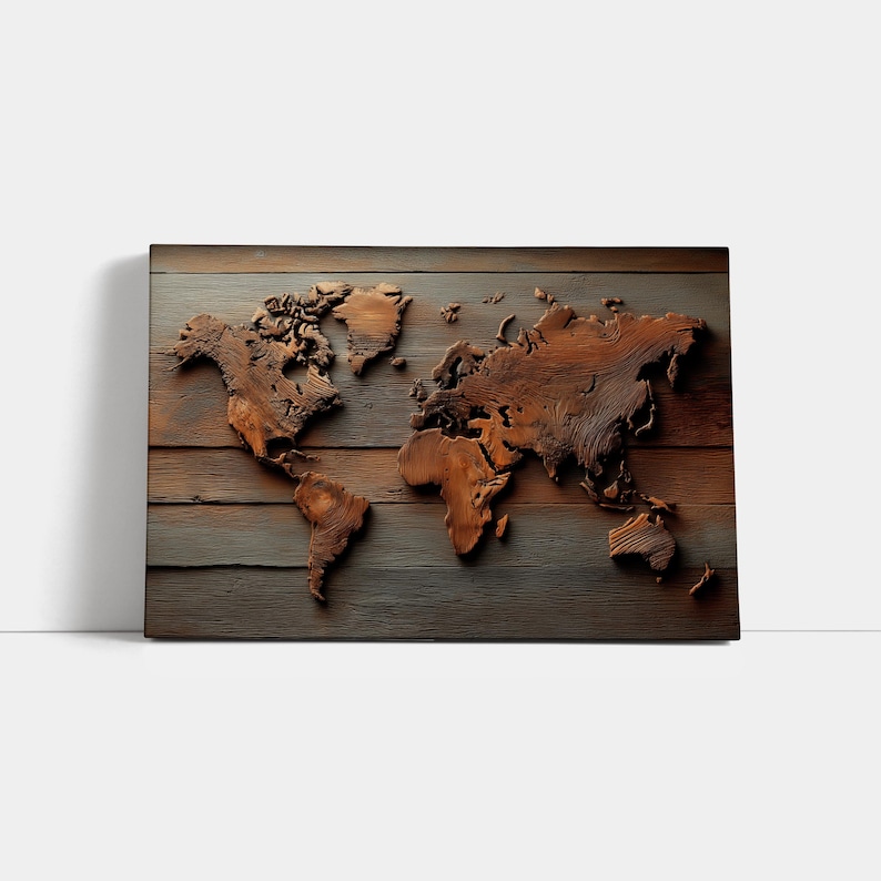 Wooden World Map Canvas Print, Rustic Map Wall Art, Earth Tones Home ...