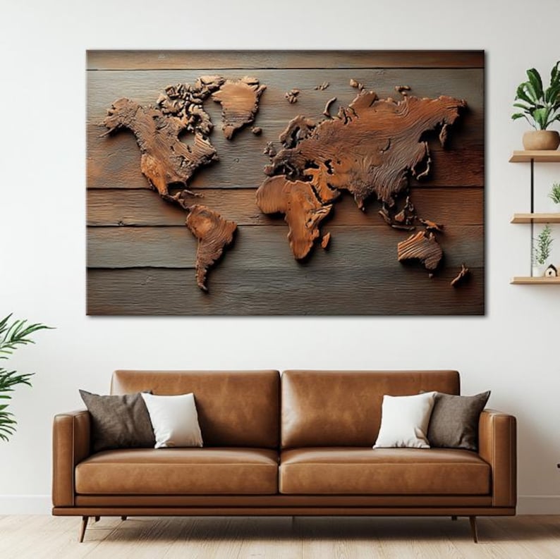 Wooden World Map Canvas Print, Rustic Map Wall Art, Earth Tones Home ...