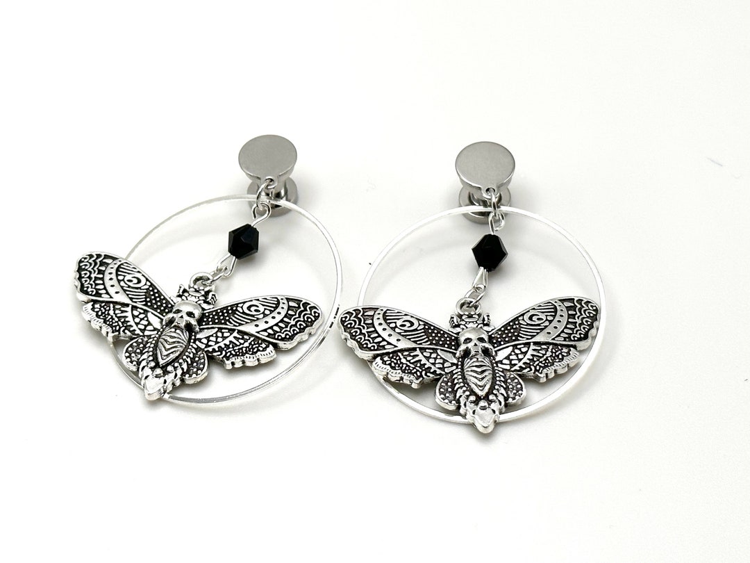 Gothic Silver Skull Moth Dangle Plugs, Stud Earrings to 1” (25mm) Ear ...