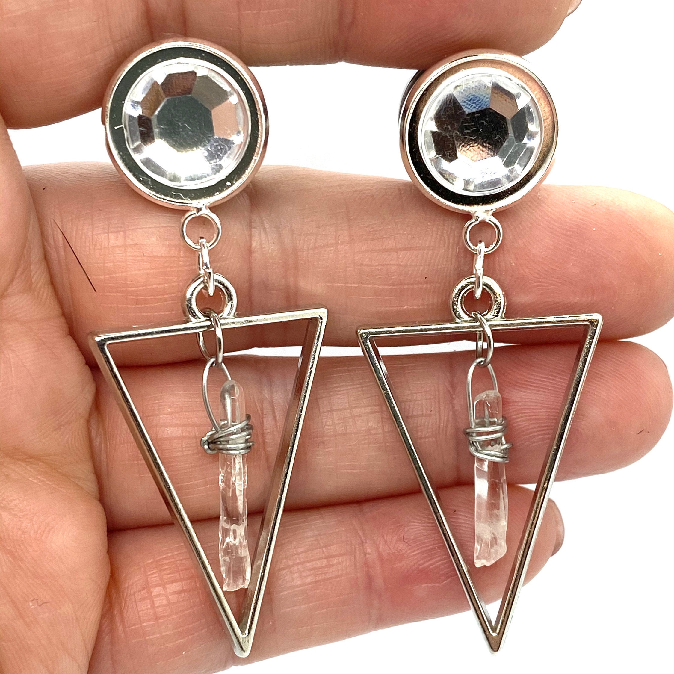 Quartz Crystal Dangle Plugs Silver Ear Plugs 6g 4g 2g 0g 1g 00g 000g ...