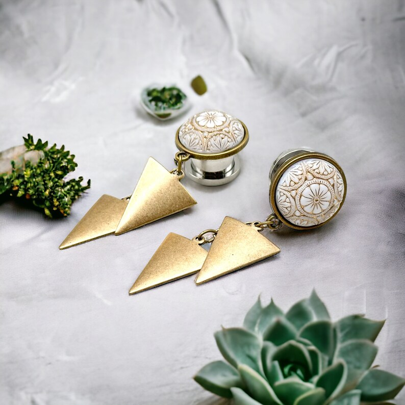 1/2" Dangle Plugs Bronze Triangle Cream Gold Mosaic 5/8 9/16 Dangly Ear ...