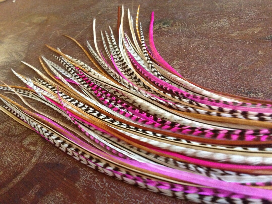Bundled Pink Hair Feather Extension Kit Natural Grizzly, Ginger, Hot ...
