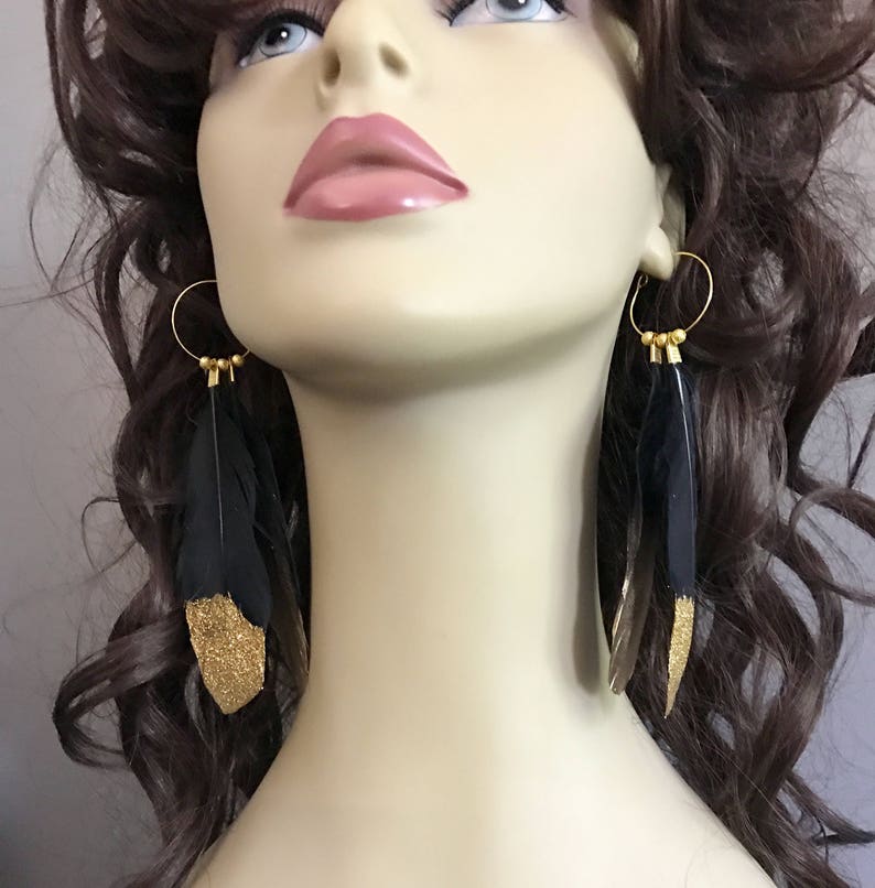 Gold Glitter Feather Earrings, Black Dipped Feathers, Gold Painted ...