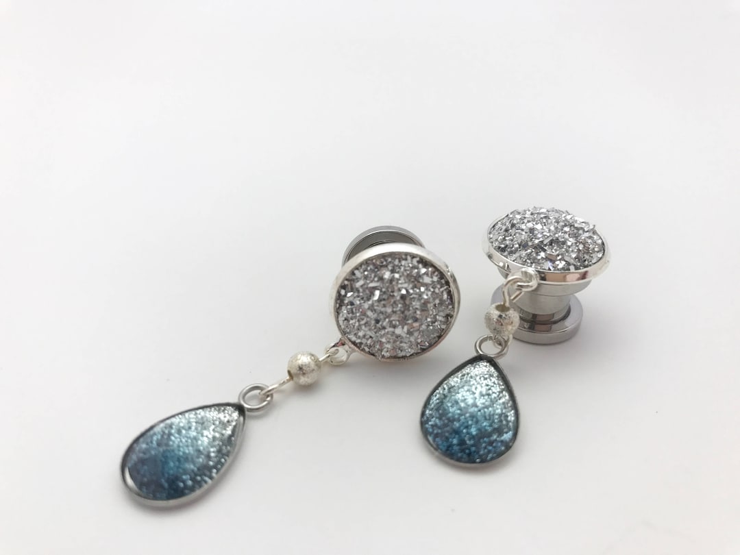 1g 7mm Hider Dangle Ear Plugs/gauges Smoky Blue Glitter Druzy Earrings ...