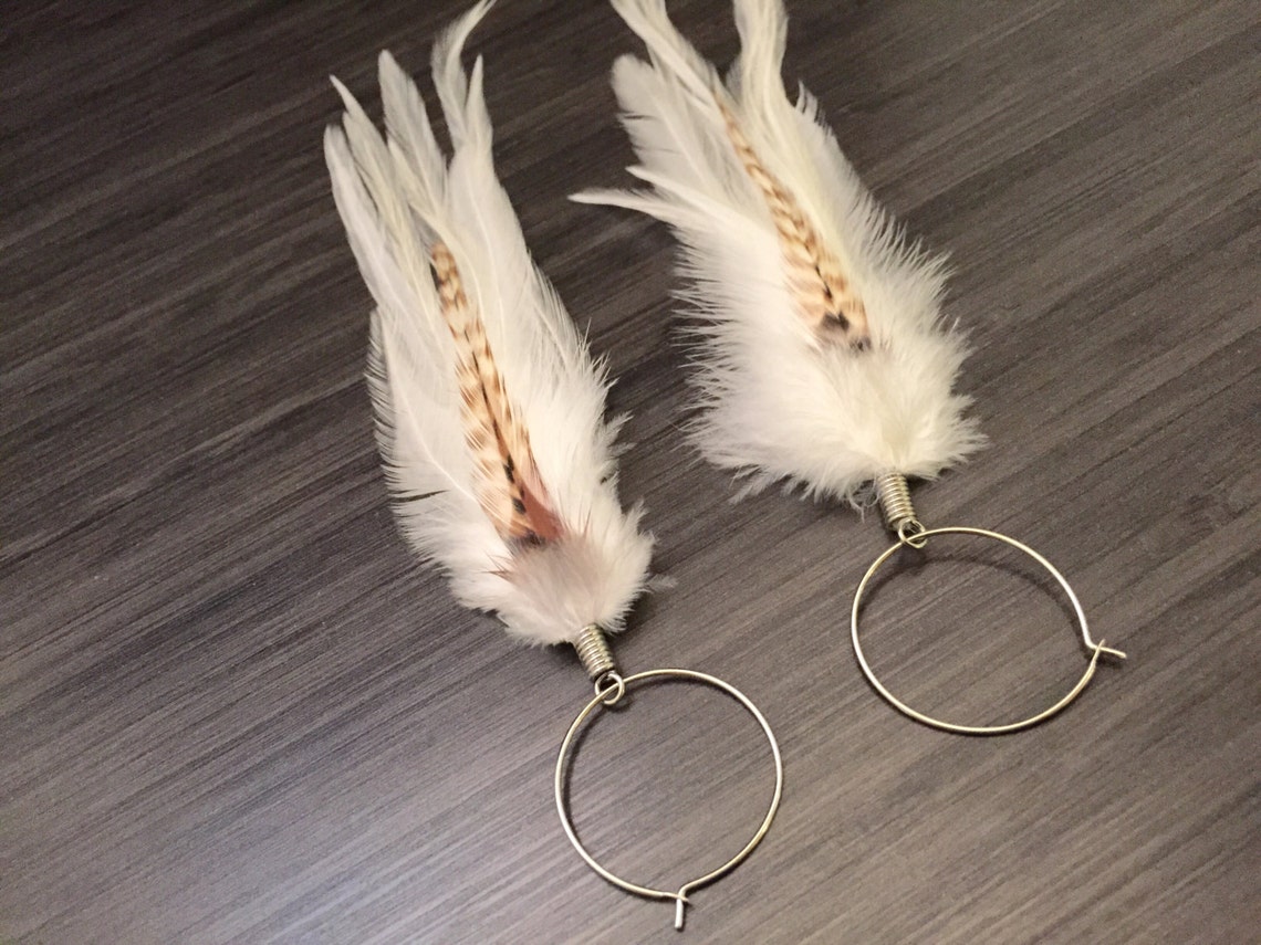 Feather Hoop Earrings Creamy White Feather Earrings Natural Feather ...