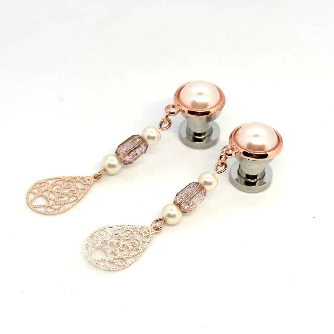 2g Rose Gold Plugs 0g Ear Plugs 6g 4g Pearl Dangle Plugs - Etsy