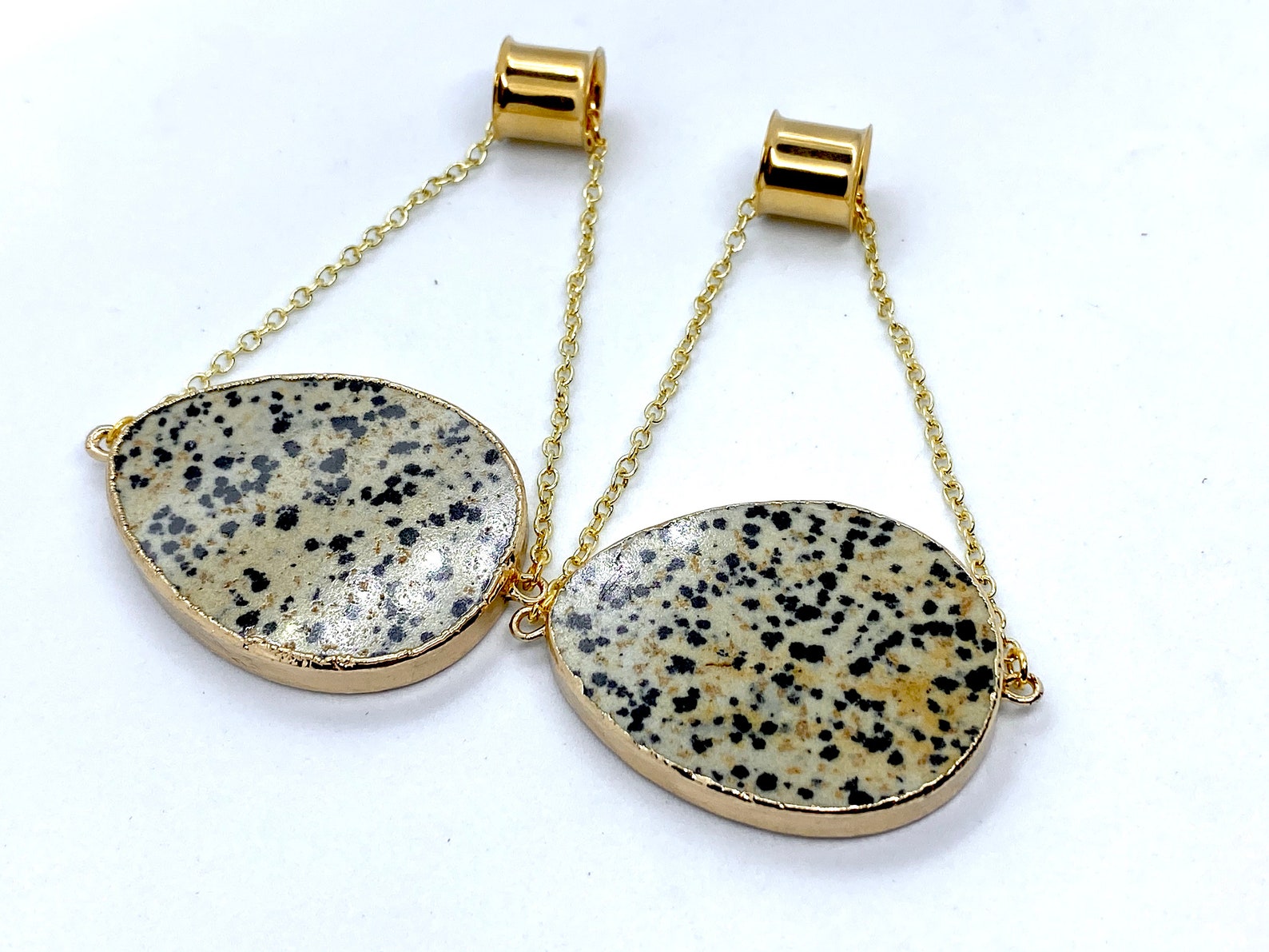 Natural Stone Eyelet Ear Tunnel Hangers, Gold Specked Granite Slice ...