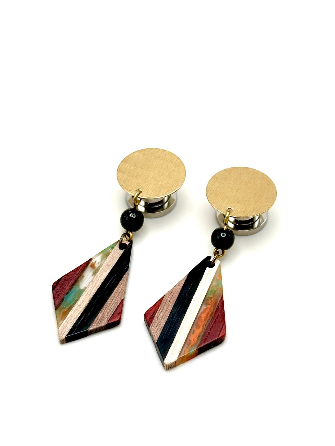 Wood Triangle Dangle Plugs Stud Earrings to 34mm Golden Brass Ear Plugs ...