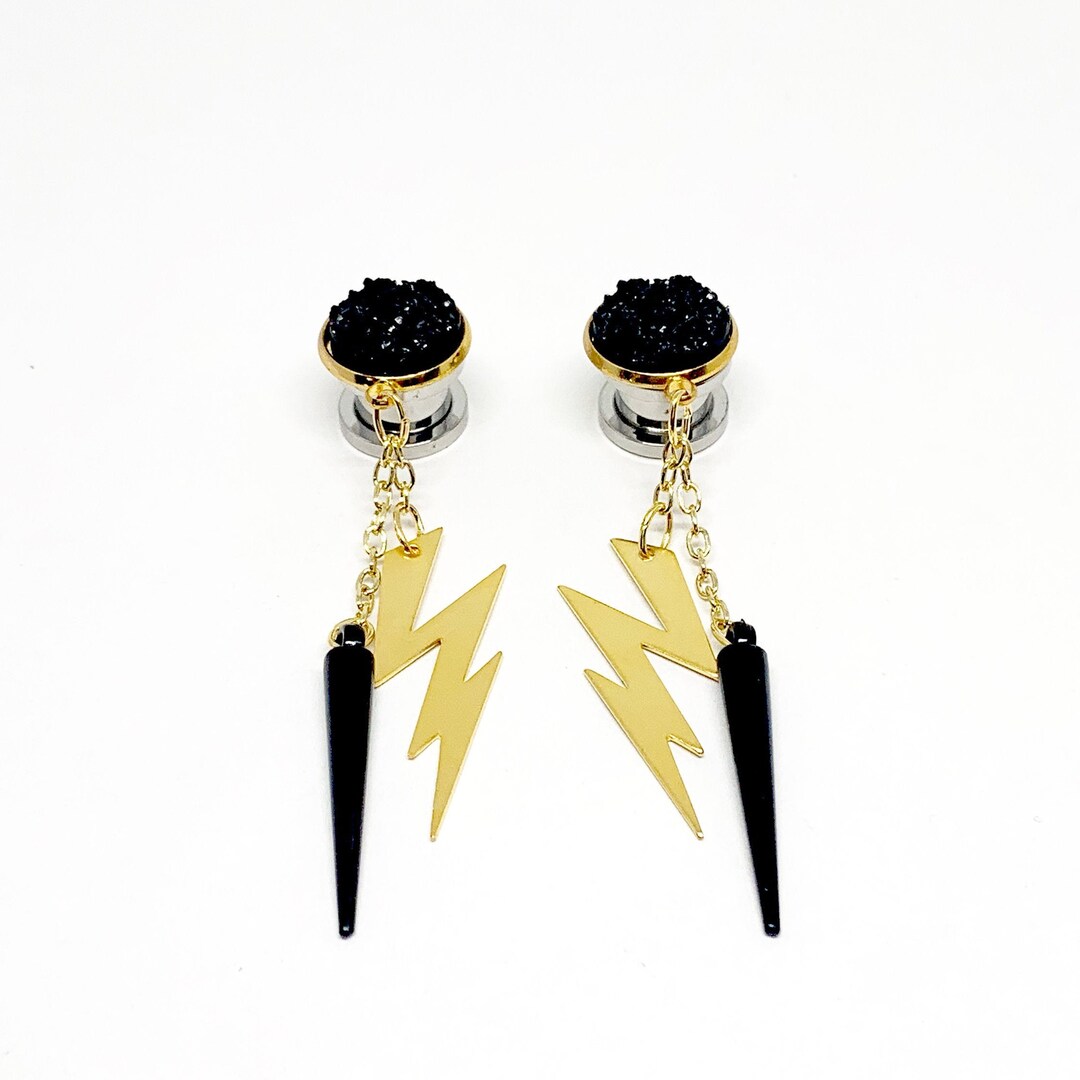 Dangle Gauges With Black Spike Lightning Bolt Druzy Gold Cap 14g 16g 8g ...