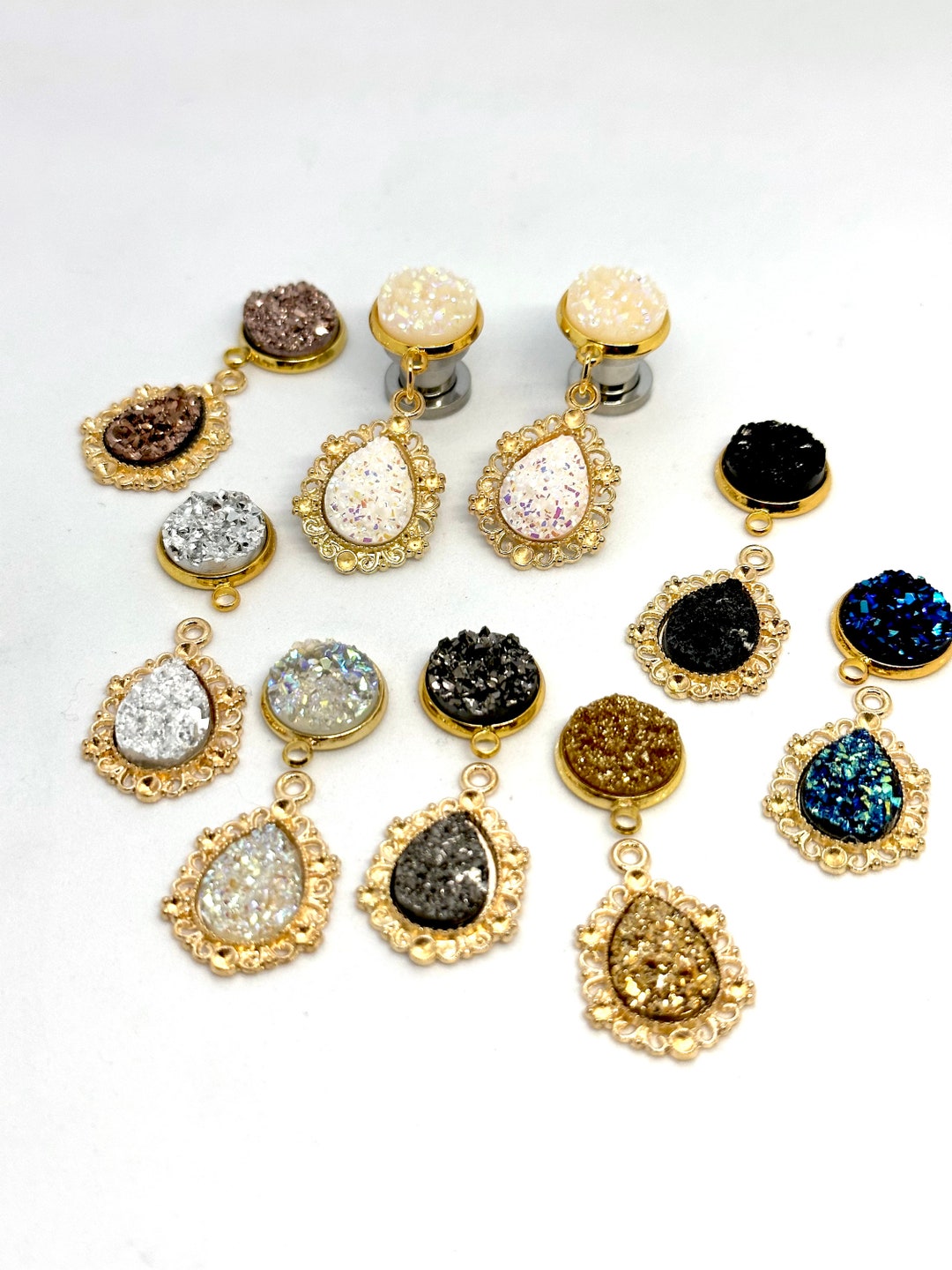 Druzy Dangle Plugs Fancy Gold Teardrop 2g 1g 0g 1/2” 00g 000g Gunmetal ...