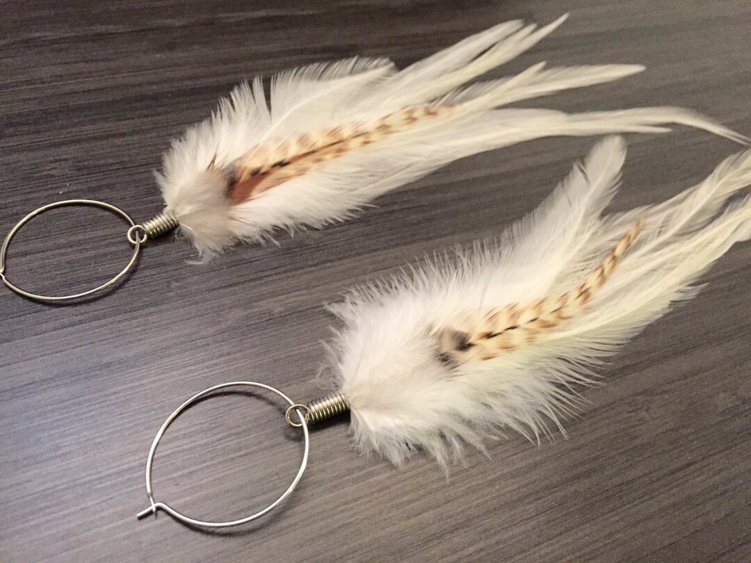 Feather Hoop Earrings Creamy White Feather Earrings Natural Feather ...