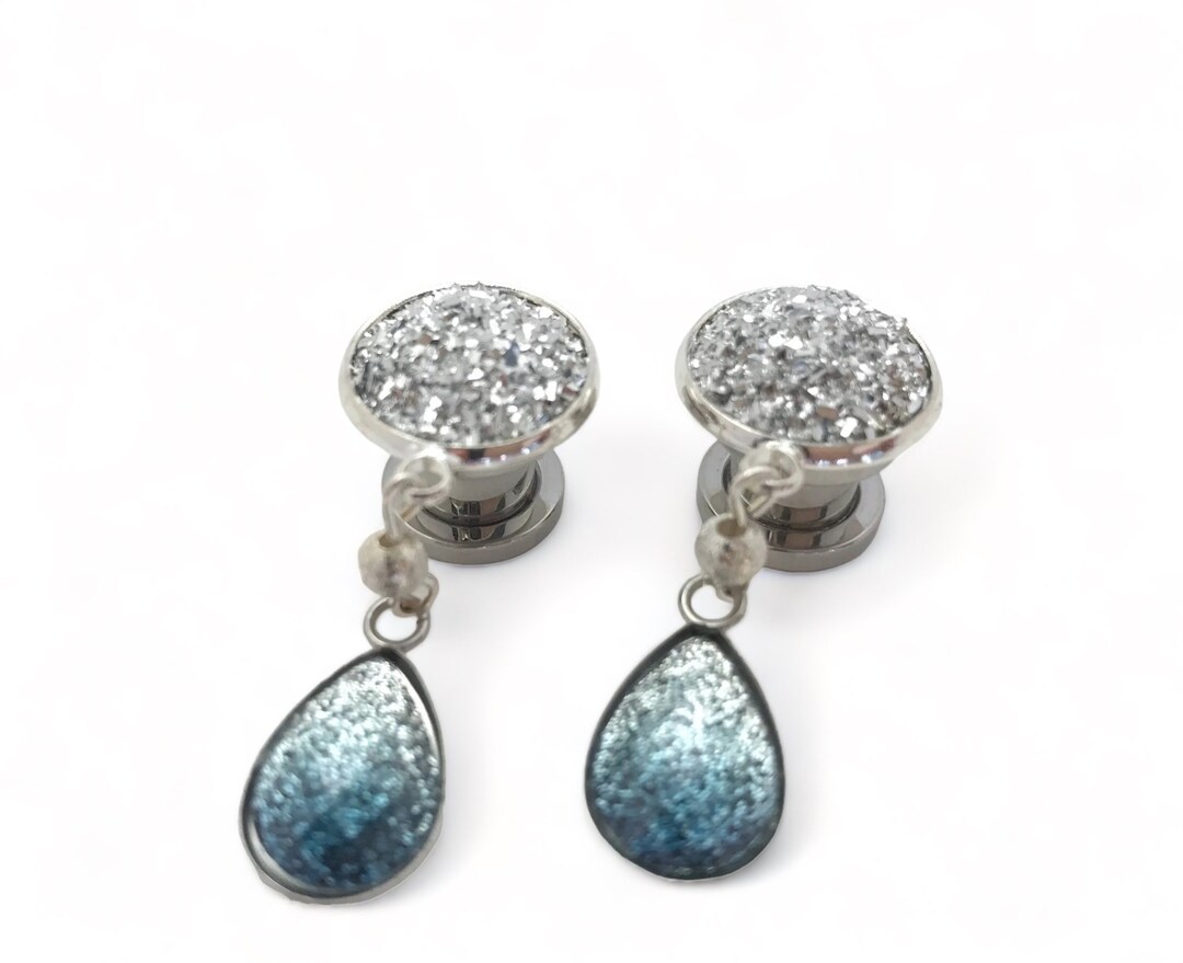 1g 7mm Hider Dangle Ear Plugs/gauges Smoky Blue Glitter Druzy Earrings ...