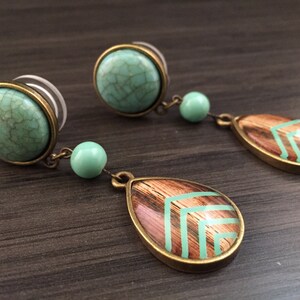 9/16" Turquoise Teardrop Dangle Plugs 1/2" 00g Ear Plugs Wood Mint ...