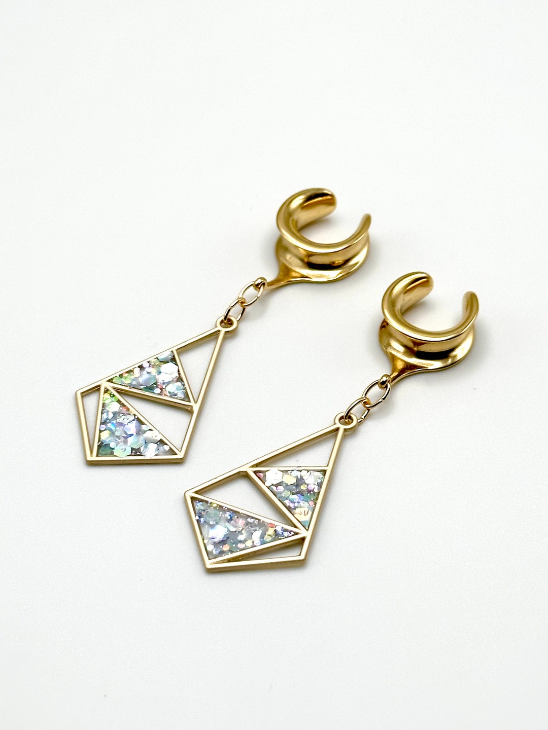 2g 6mm to 1 3/16 (30mm) Geometric Silver Glitter Dangle Plugs Earrings ...