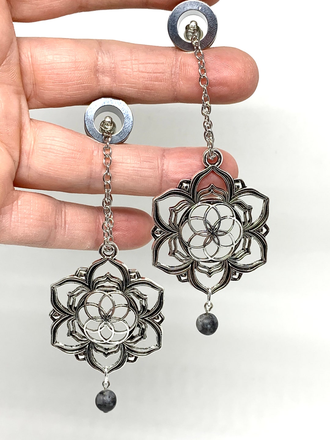 Silver Lotus Flower Magnetic Clasp Ear Plug Dangles for Tunnel Hangers ...