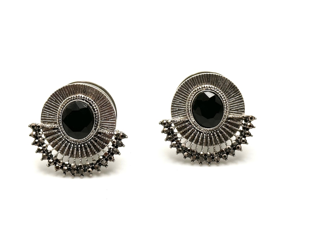 Black Rhinestone Bling Vintage Art Deco Style Ear Plugs 1/2” (12mm) to ...