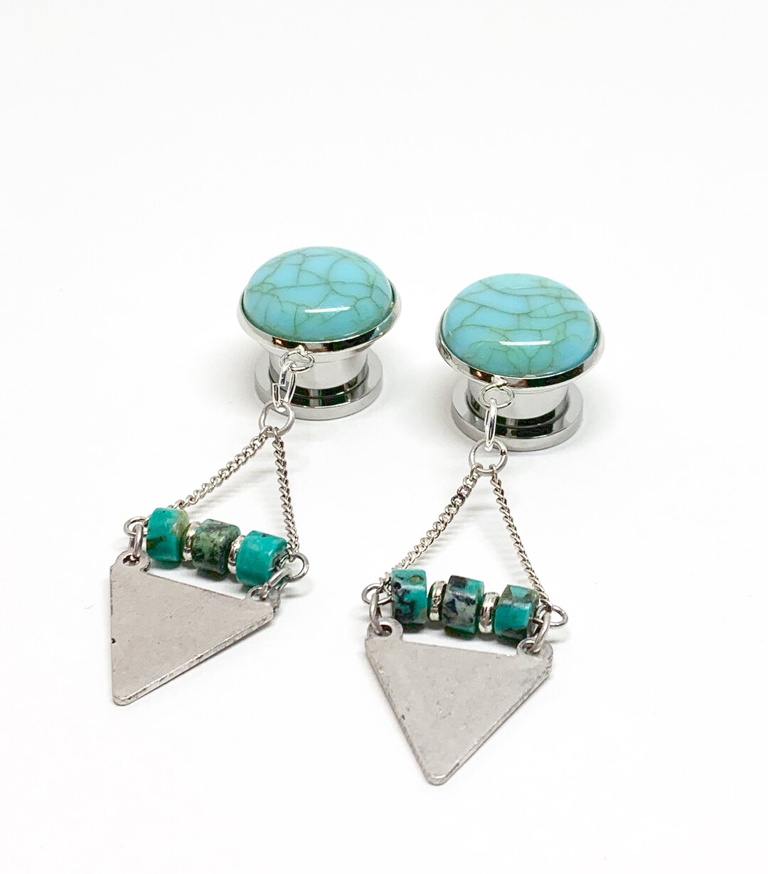 000g (11mm) to 5/8’ (16mm) Dangle Plugs Silver Triangle Crackle Mint ...