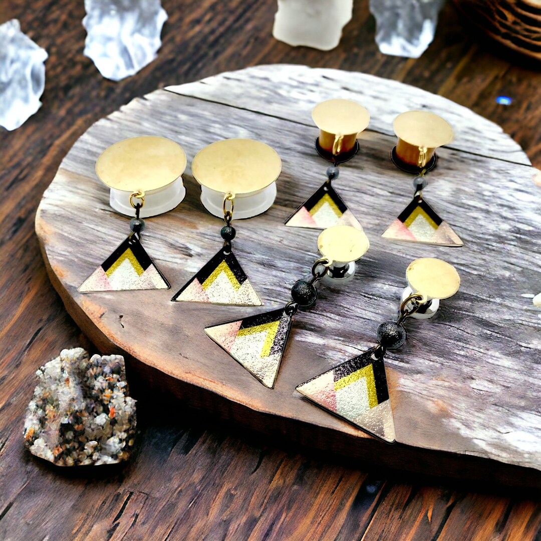 Gauges Geometric Hanging Hider Plugs, Raw Brass 14g 16g 8g 12g 10g 6g ...
