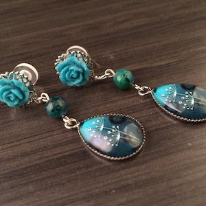 Turquoise Dangle Plugs 8g 10g 12g 16g 14g Rose Ear Plugs Dangly Gauged ...