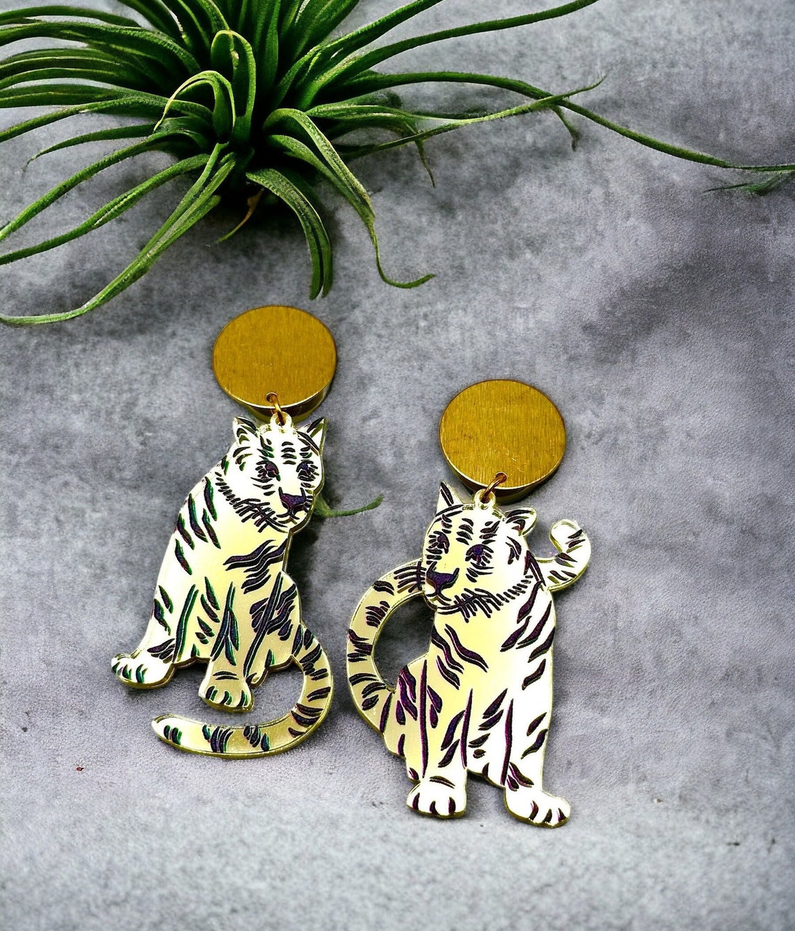 Unique Plug Earrings Mirrored Tiger, Studs to 34mm Golden Brass Dangle ...