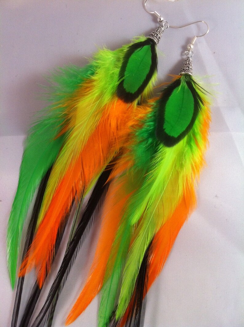 Long Feather Earrings Neon Green Eyes Bright Feather | Etsy