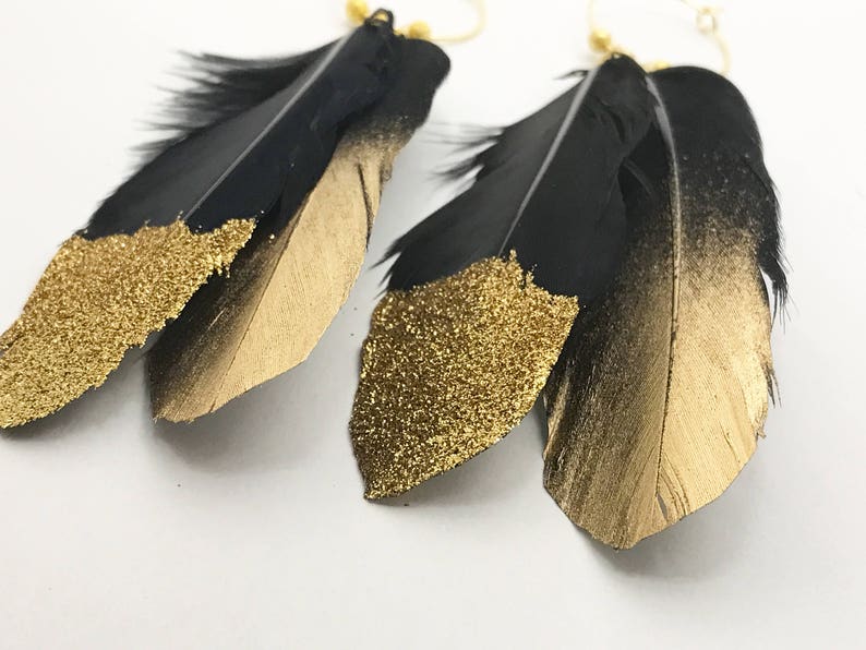 Gold Glitter Feather Earrings, Black Dipped Feathers, Gold Painted ...