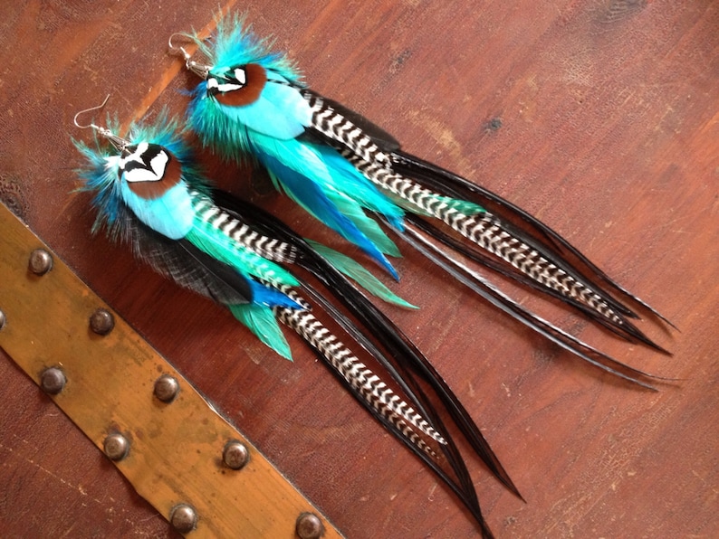 Blue Turquoise Feather Earrings Long Feather Jewelry With Black and ...