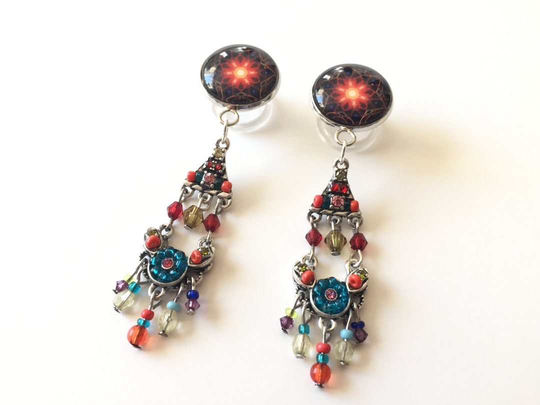 000g 7/16 11mm Fancy Kaleidoscope Dangle Plugs With Boho Beaded Dangles 9/16 1/2 Gauges Hippie ...