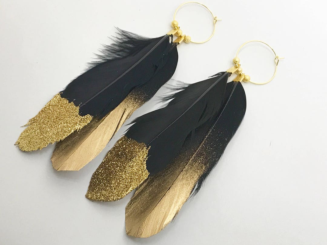 Gold Glitter Feather Earrings, Black Dipped Feathers, Gold Painted ...