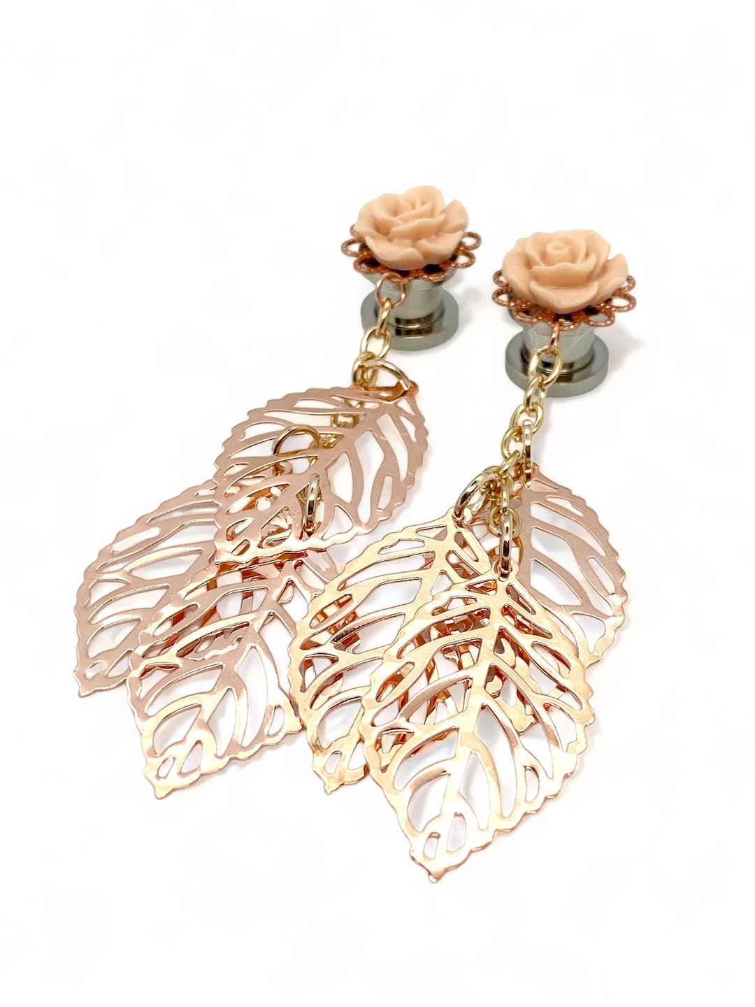 16g to 000g Dangle Plug Earrings Gauges With Rose Gold Filigree Leaf ...