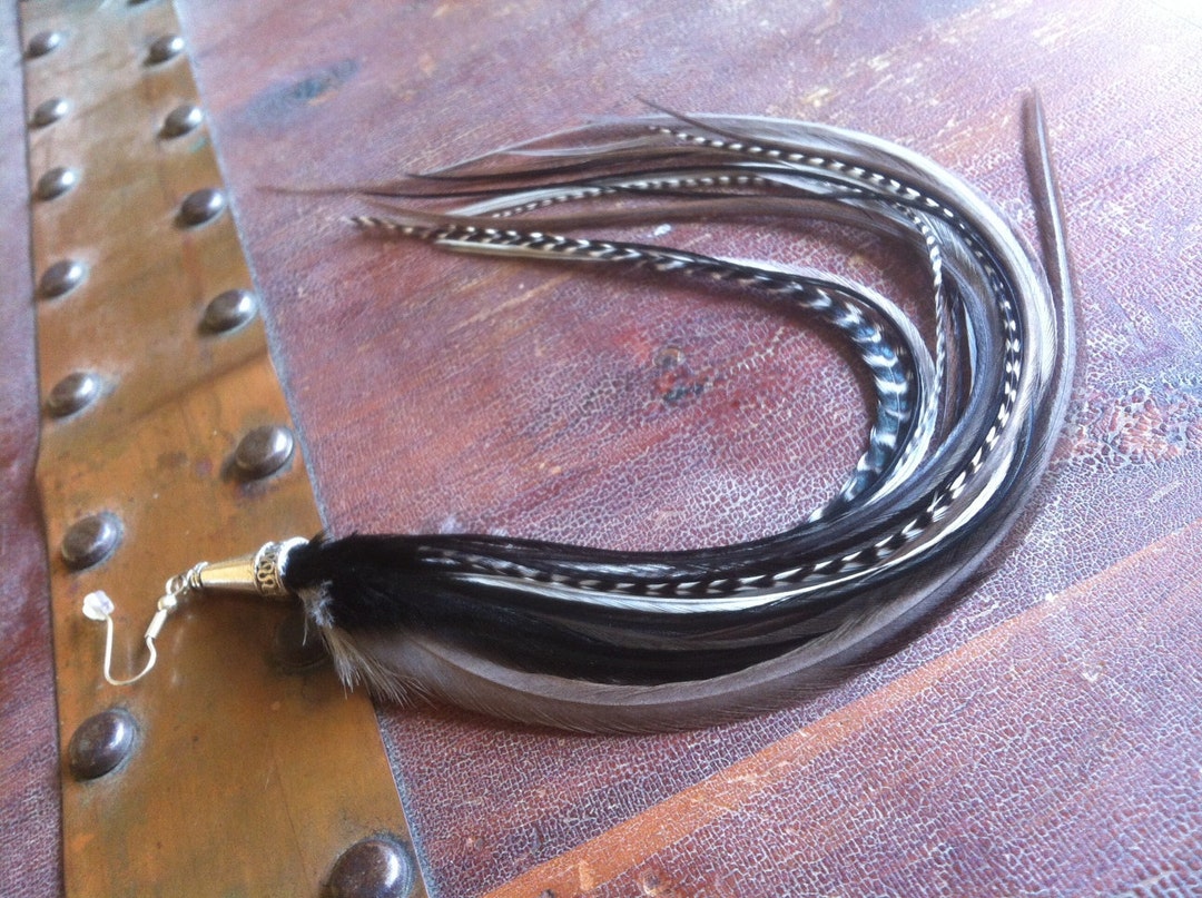 Very Long Single Feather Earring - Night Diva Streamer - Grey Black and ...