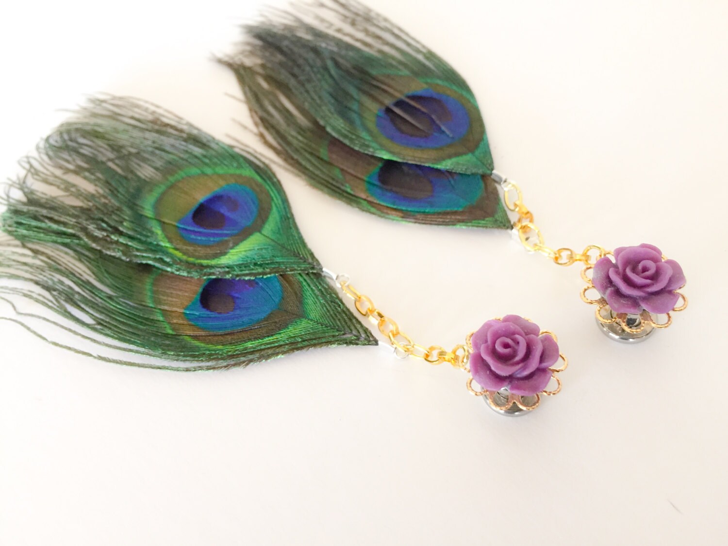6g Peacock Feather Gauges Dangle Plugs 4g 0g 2g 1g 00g Choose Rose ...