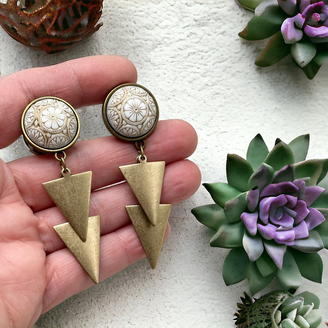1/2" Dangle Plugs Bronze Triangle Cream Gold Mosaic 5/8 9/16 Dangly Ear ...