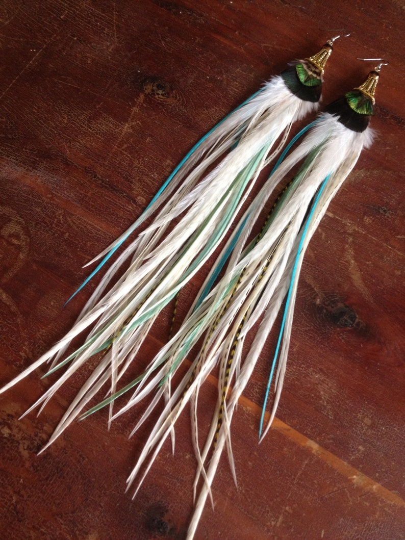 Long Feather Earrings Turquoise Green Cream Feather Jewelry - Etsy