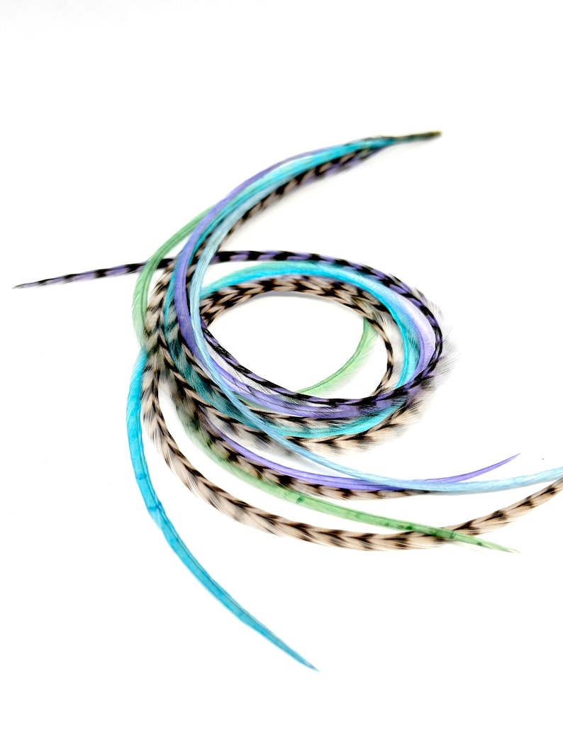 10-12” Feather Extensions Long, Turquoise, Green, Lavender Grizzly ...