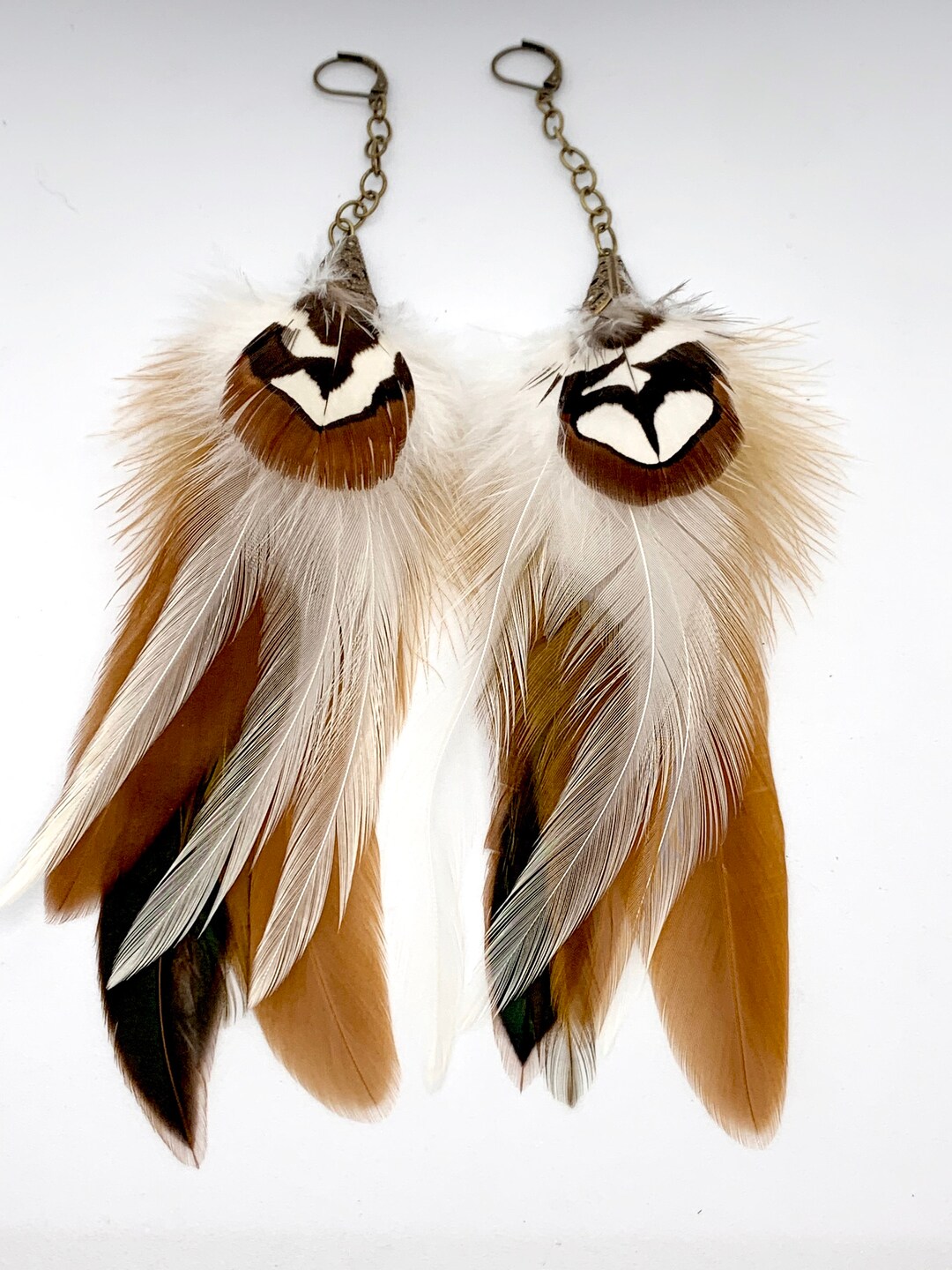 Handmade Natural Brown/ginger Feather Earrings, Bronze Chain, Lever ...