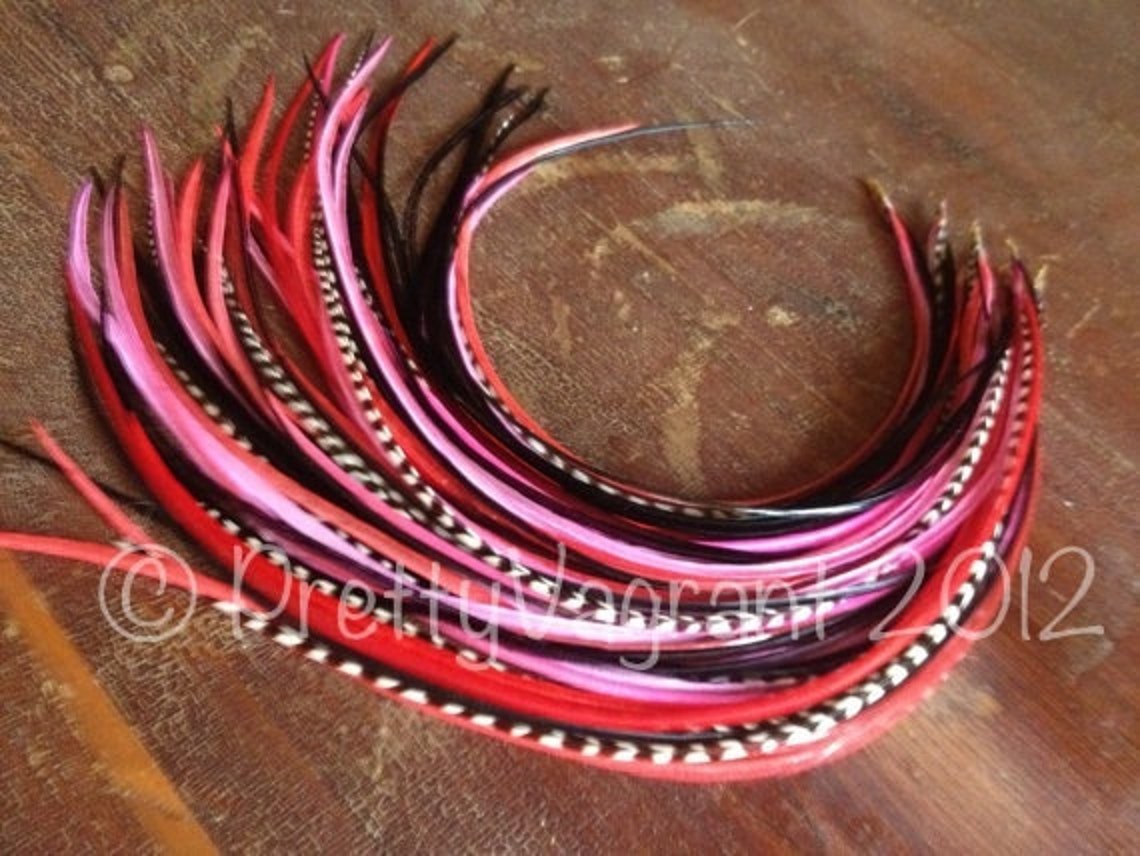 Long Hair Feather Extensions 5 Feather Bundle Red Pink Black | Etsy