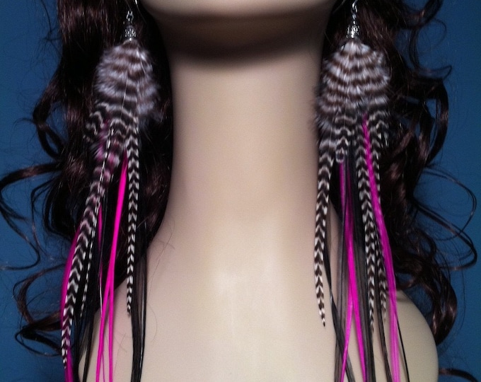 Very Long Feather Earrings Hot Pink Feathers, Black, Grizzly Statement ...